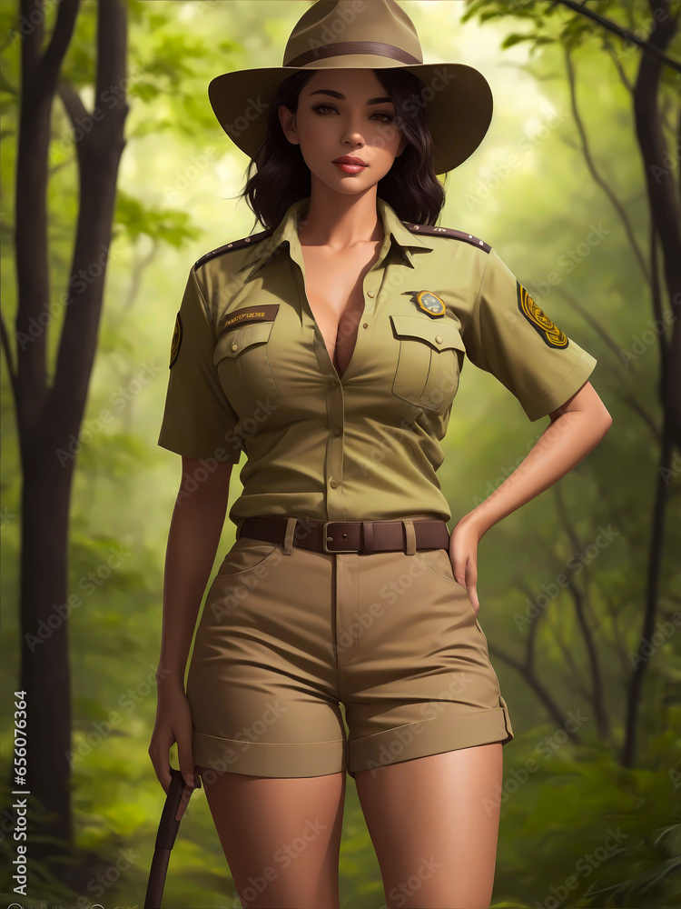 pretty woman as pin-up sexy park ranger in forest Stock Illustration | Adobe Stock