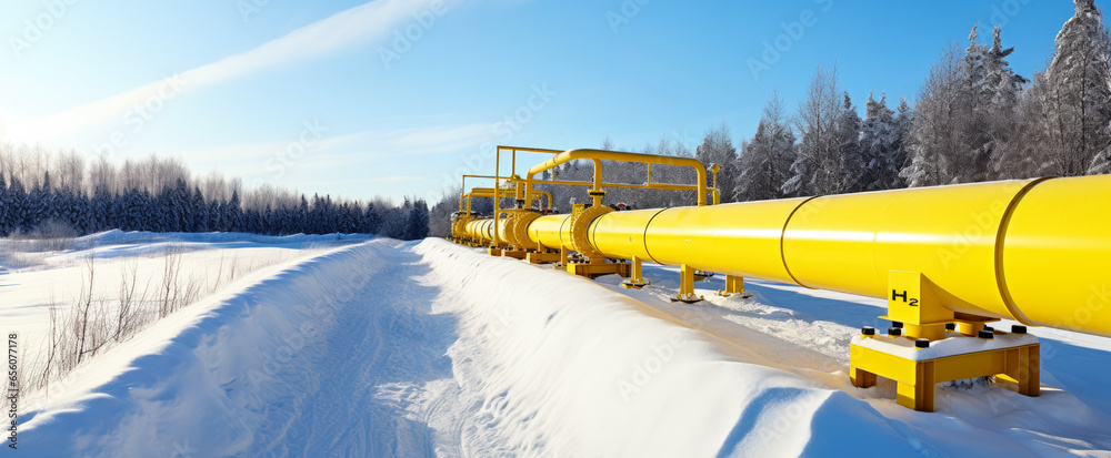 Yellow gas pipeline in snow winter landscape, pressurized hydrogen ...