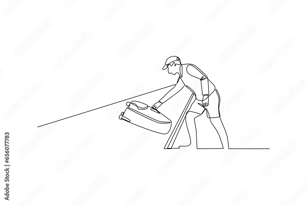 Single one line drawing back view of man picking up bag ini air port ...