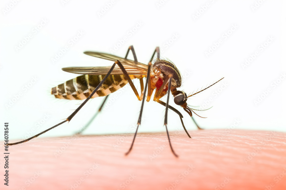 Close-up of a female mosquito landing on human skin and biting, Mosquito-borne infections ...