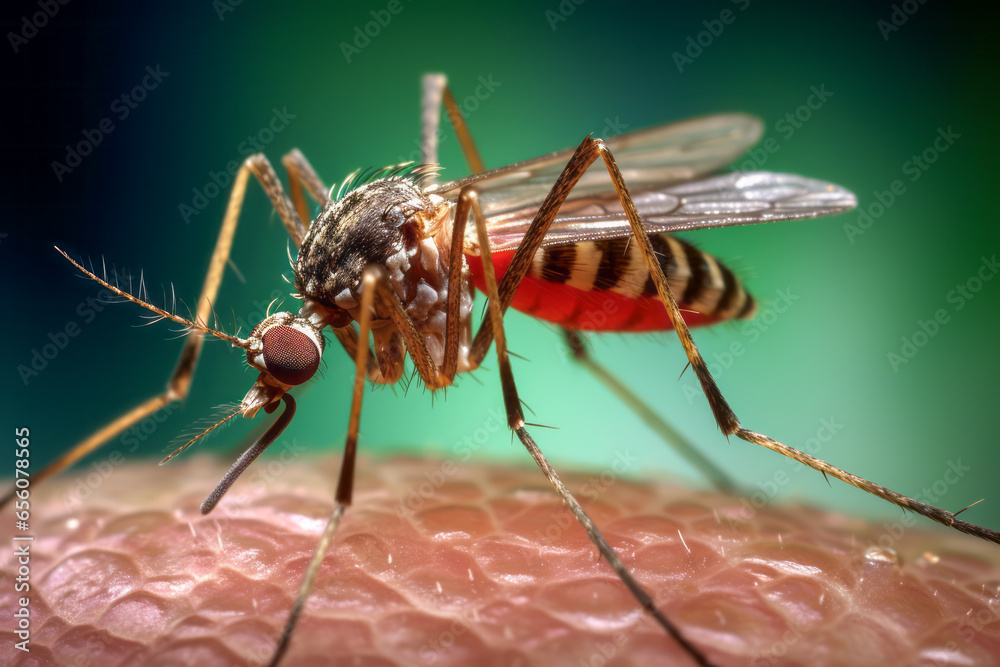 Close-up of a female mosquito landing on human skin and biting ...