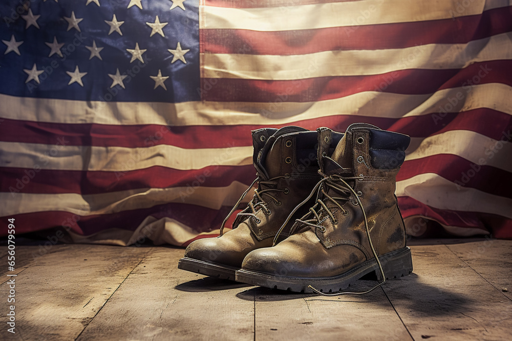 Conceptual image of Veteran's Day. Military boots and an American Flag ...