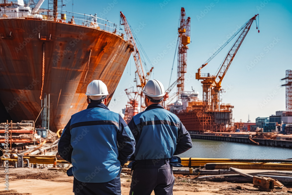 Shipyard workers looking at the ship under construction in the ...