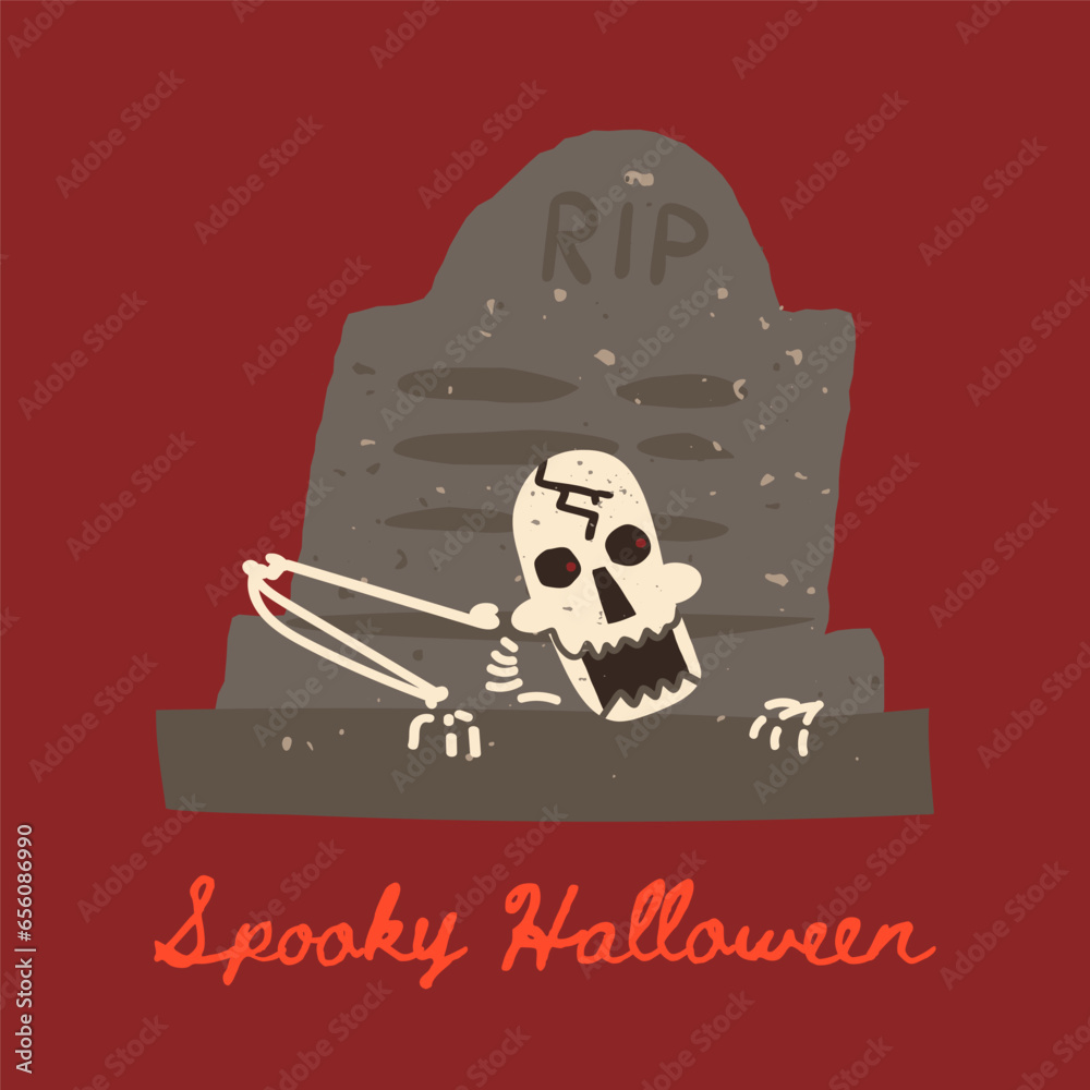 Spooky Halloween card, art print. A creepy human skeleton rising from ...