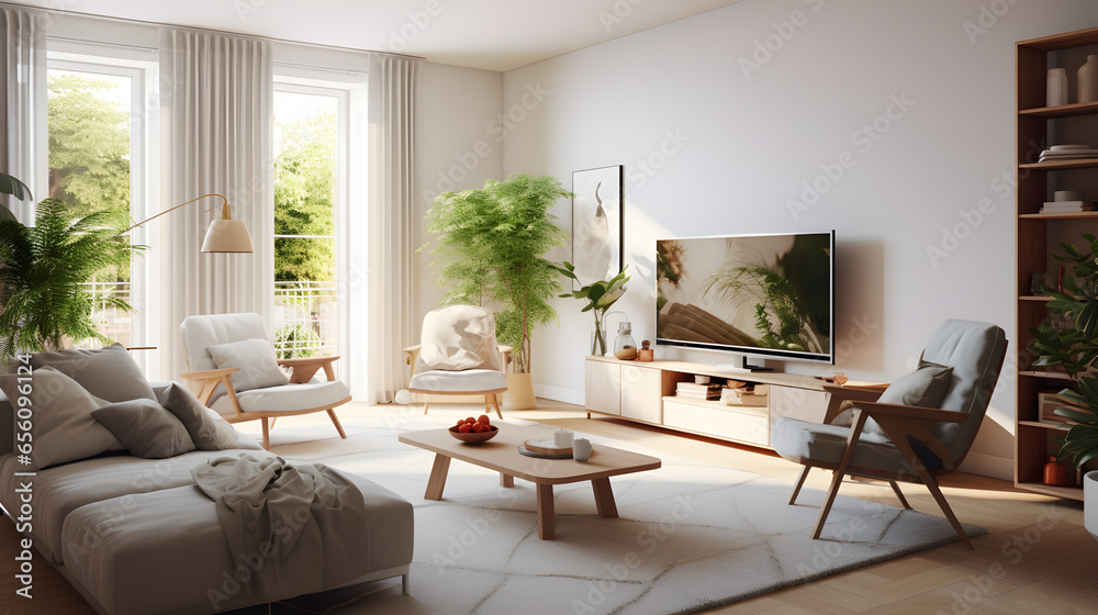 Grand Salon Moderne Et Lumineux Avec Canapé Fauteuils Tv Led Table