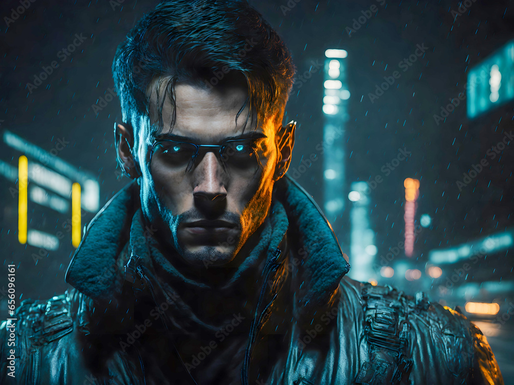Ominous cyberagent, cyborg with intense glowing eyes in a rainy ...