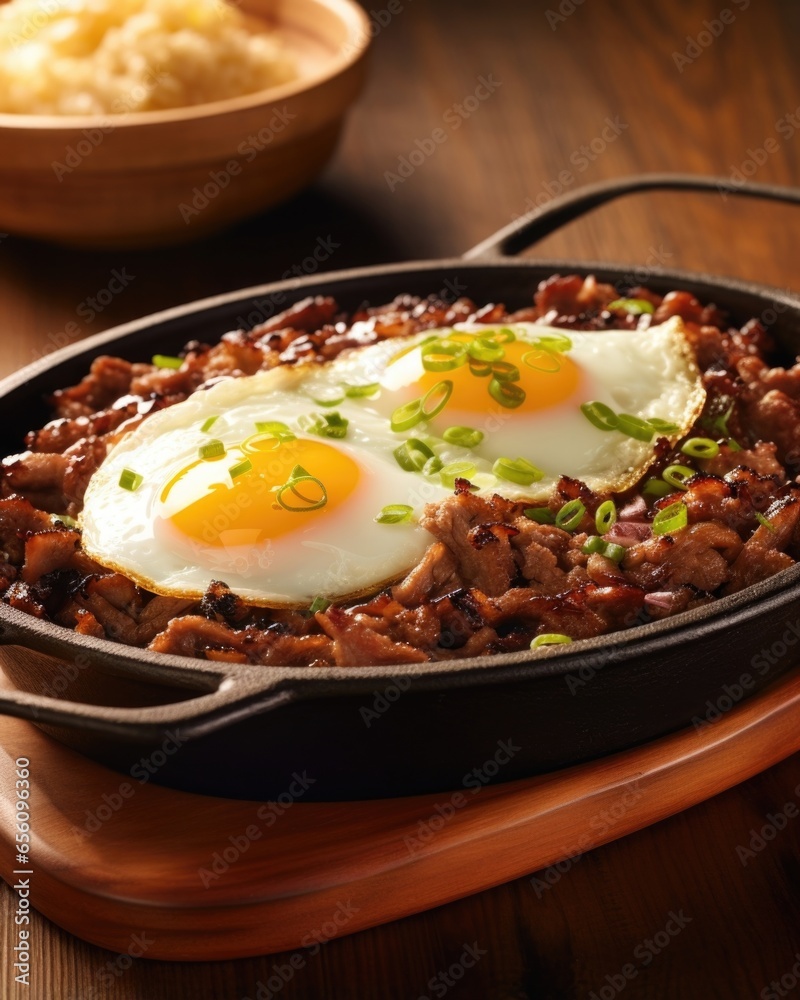A sizzling platter of sizzling pork sisig, a Filipino delicacy renowned ...