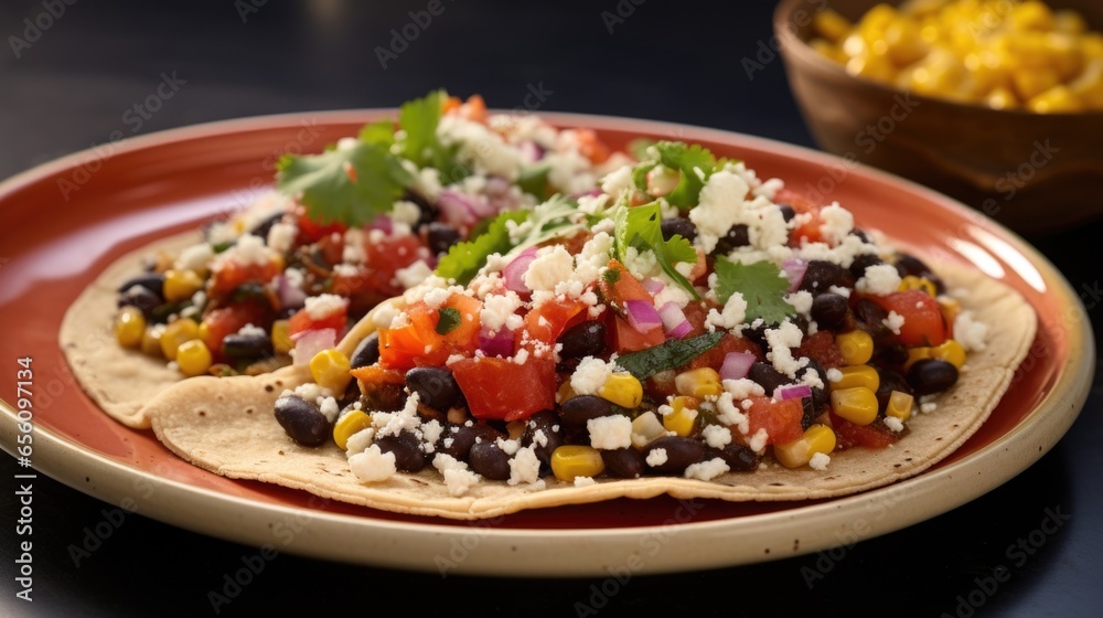 A vibrant food shot capturing a vegetarian street taco b with black ...