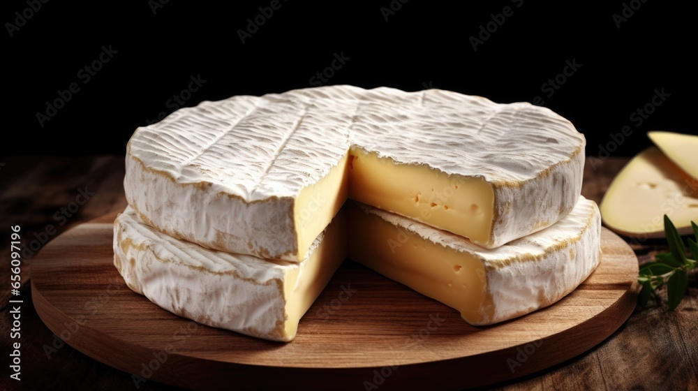 A wedge of soft, bloomy rind cheese entices the viewer with its ...