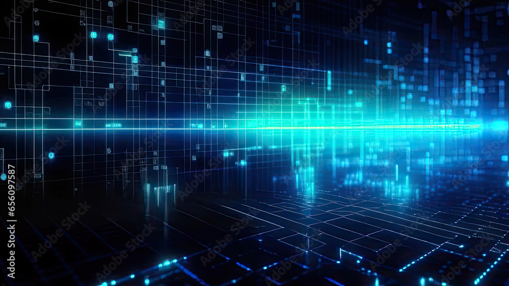 Abstract cyberspace blue light structure of a network grid expanding ...