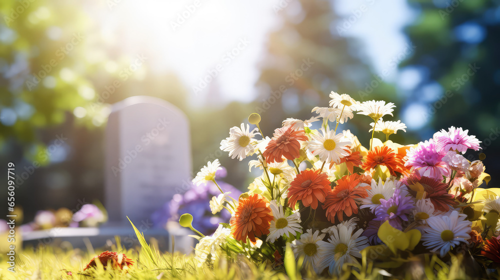 Cemetery, tombstone with flowers, sunny summer day, green grass. Bright ...