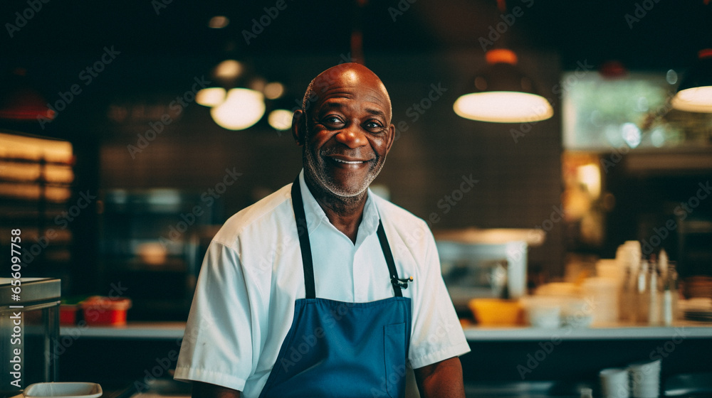 old black man working at a fast food shop Stock Photo | Adobe Stock