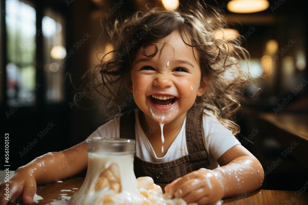 A close-up shot capturing the little girl's face with a playful milk ...