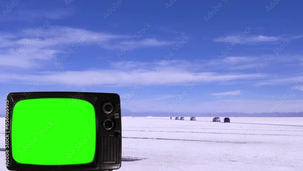 Old TV Turning On Green Screen with a Salt Flat in the Background. You ...