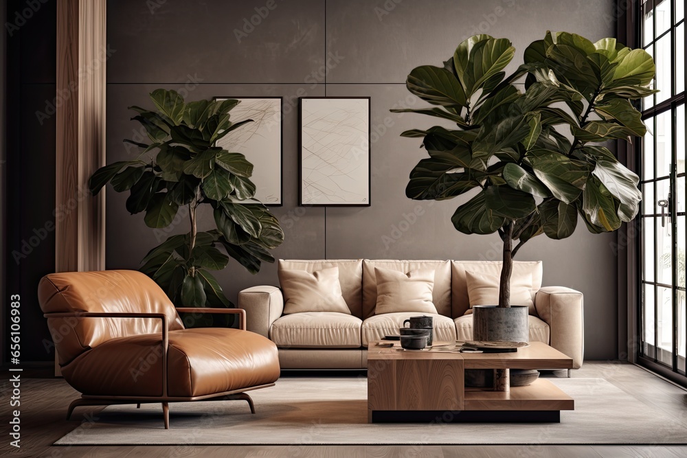 Plant ficus lyrata in a modern, elegant living room, interior design ...
