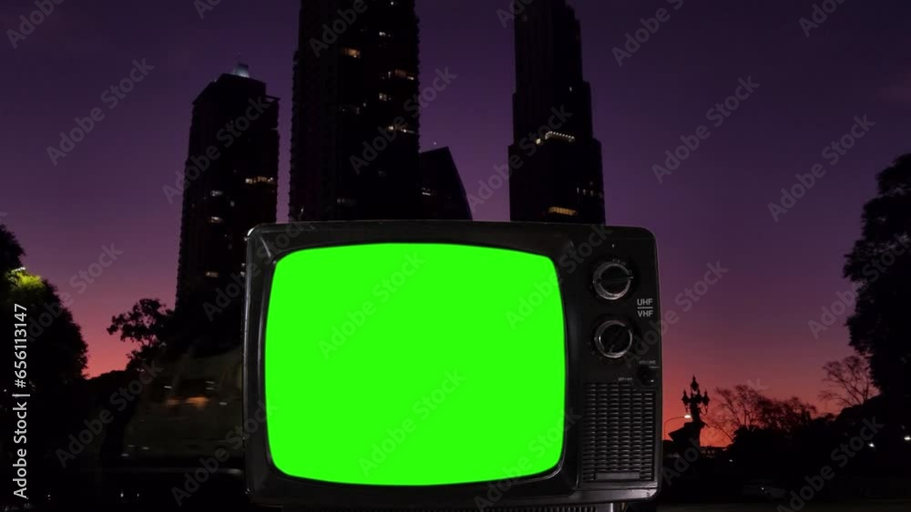 Vintage TV Green Screen with High-rise Buildings at Sunset in the ...
