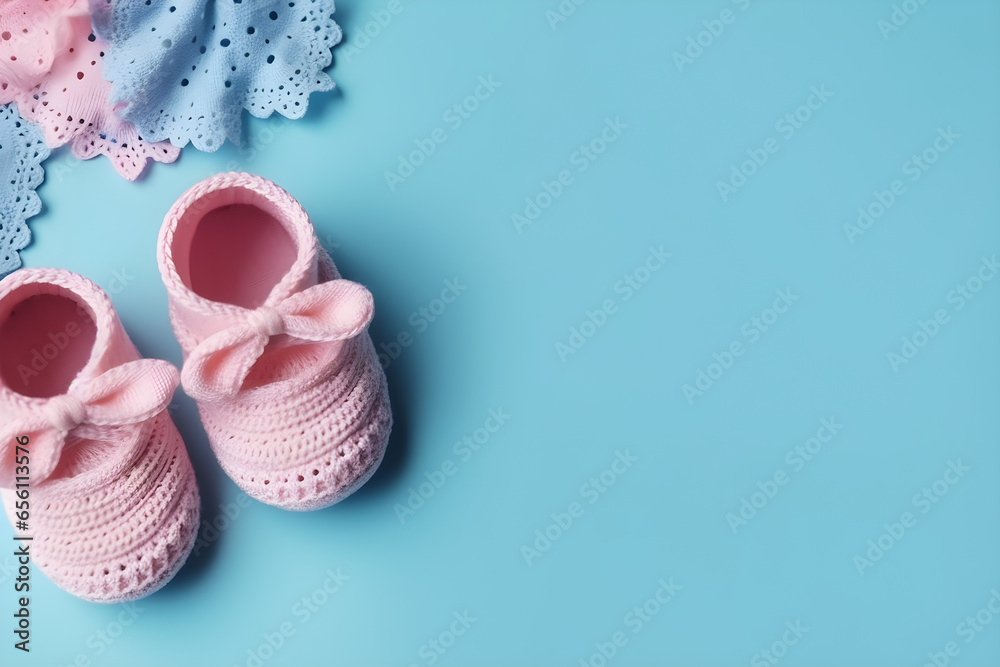 Cute pink knitted baby booties on a blue background with copyspace ...