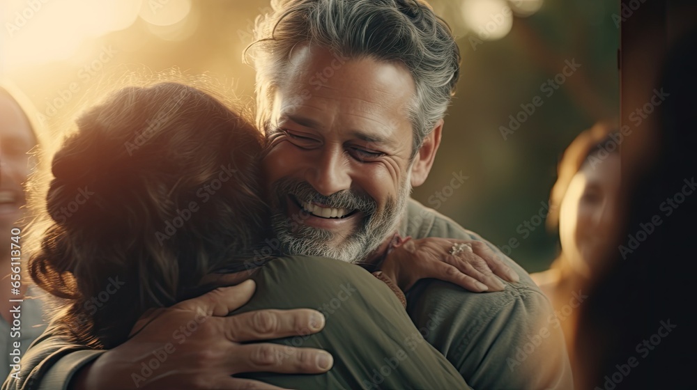 man and woman share a heartfelt embrace with their child, creating a ...