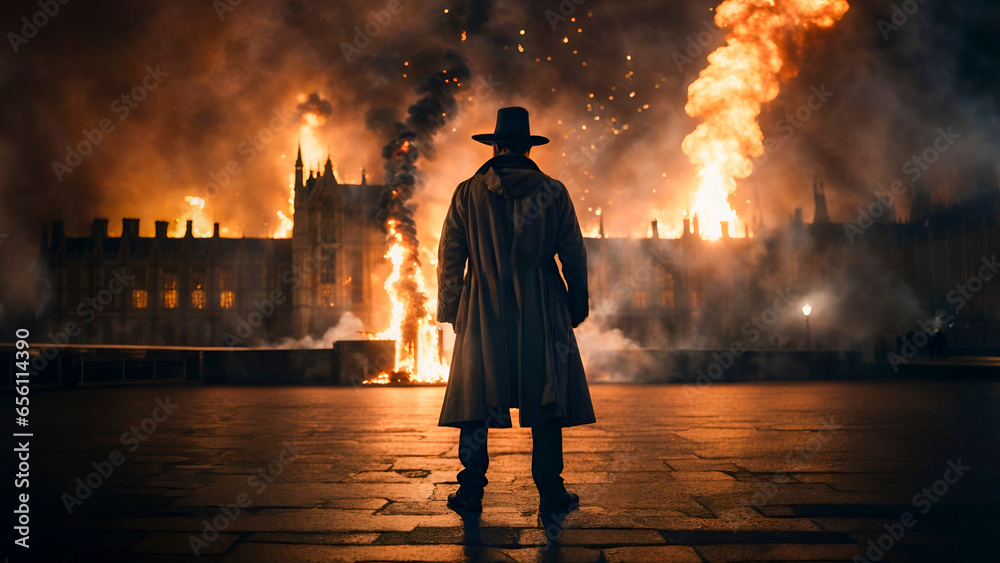 Anarchy concept of a Guy Fawkes style character standing in front of a ...