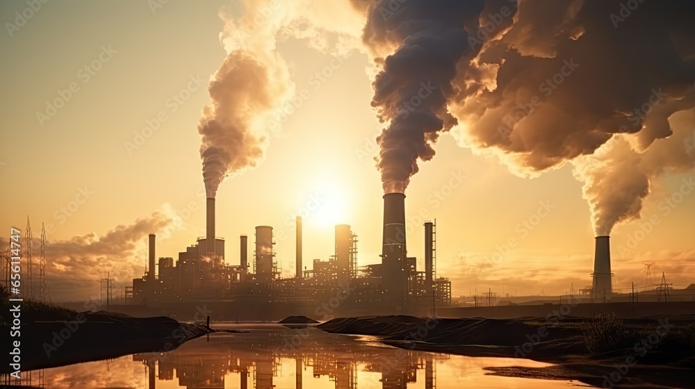 bustling factory emitting smoke from its chimneys, symbolizing ...