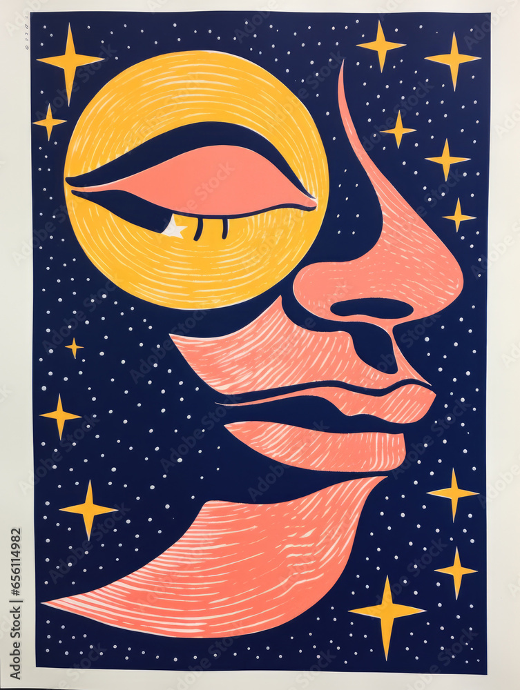 Moon face covered in stars, female face in a beautiful risograph style ...