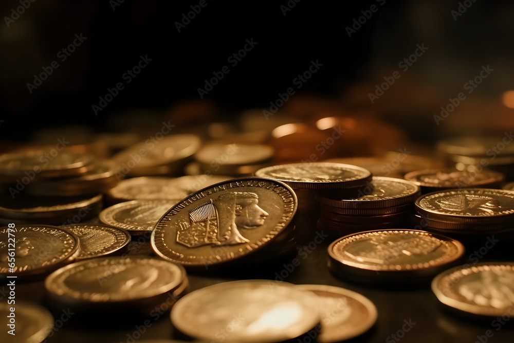 Pile of gold coins on wooden background. Close up, 3d rendering, Large ...