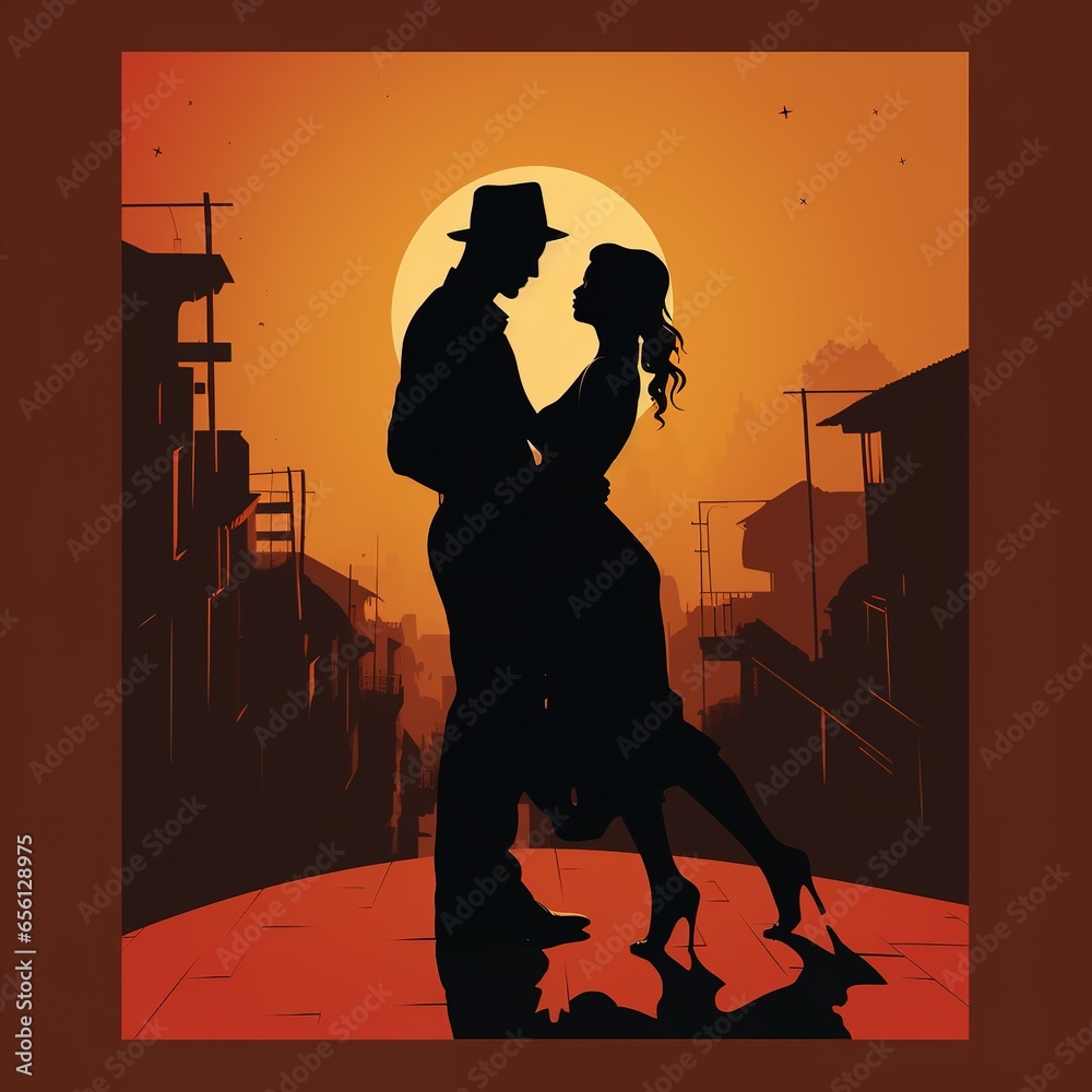 Silhouette of man and woman doing Latin dances, orange and black ...