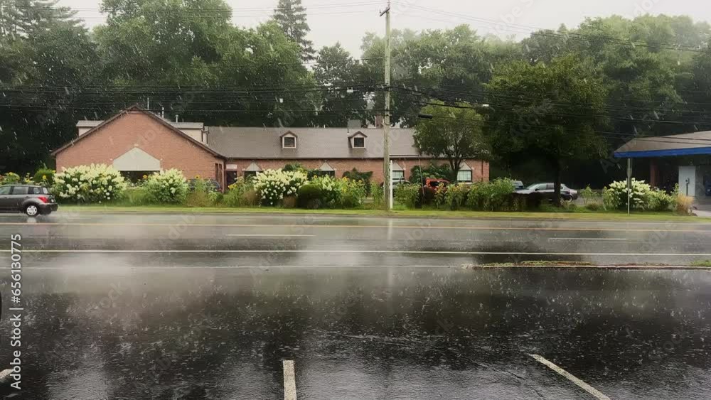 Slow Motion, heavy rain water drops falling into big puddle on asphalt ...