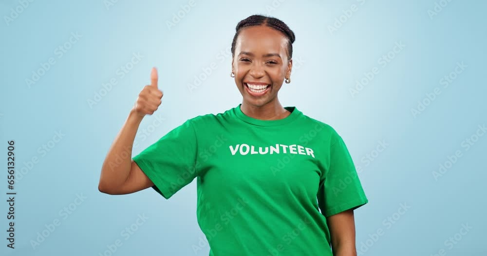 Happy black woman, volunteer and thumbs up in success, choice or you in ...