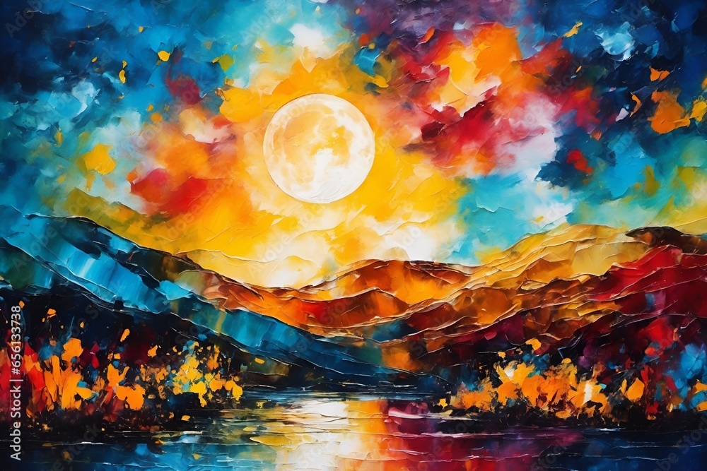 Hand-Drawn Painting Abstract Art Panorama with Moon Background, Rich ...