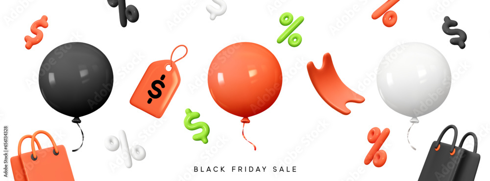Black Friday object. Set round shape helium balloons in black red and ...