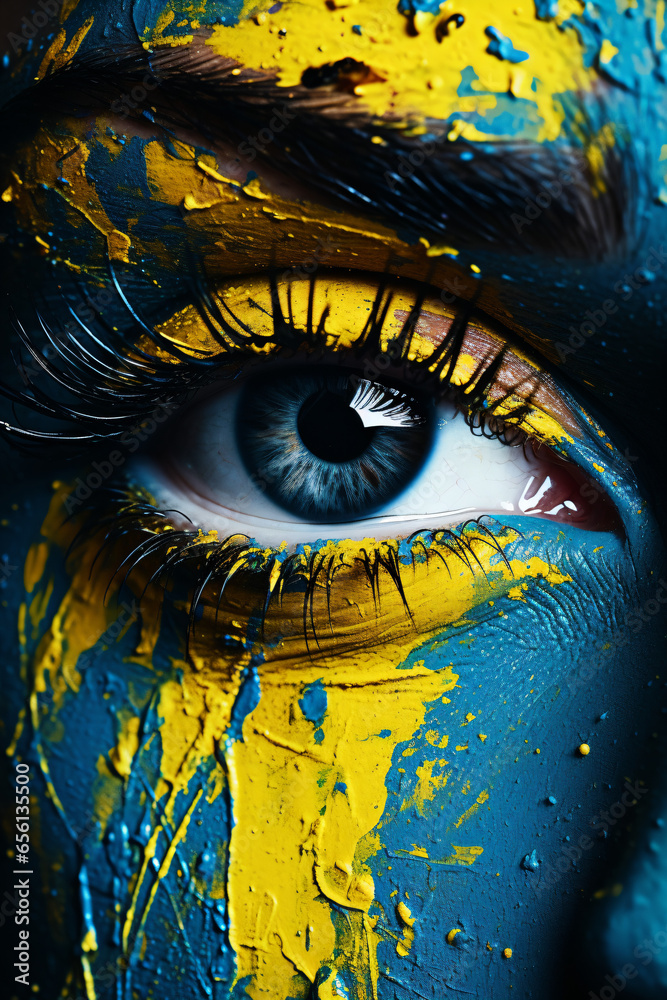 Woman with painted face with yellow and blue, the colors of Ukraine ...