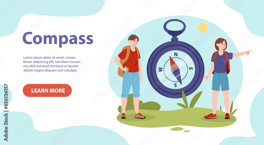 People with compass banner. Man and woman near device for navigation ...