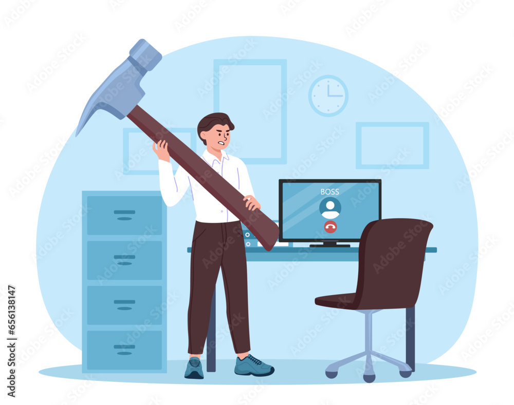 Man tortured by work concept. Evil young guy with hammer at workplace ...