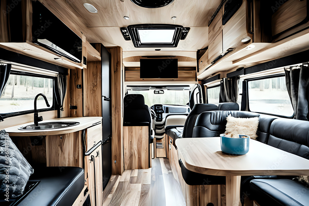 Vehicle recreational interior in wooden view of motorhome modern camper ...
