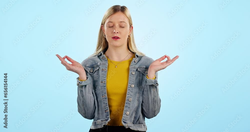 Meditation, breathing and woman in studio with lotus hands for balance ...