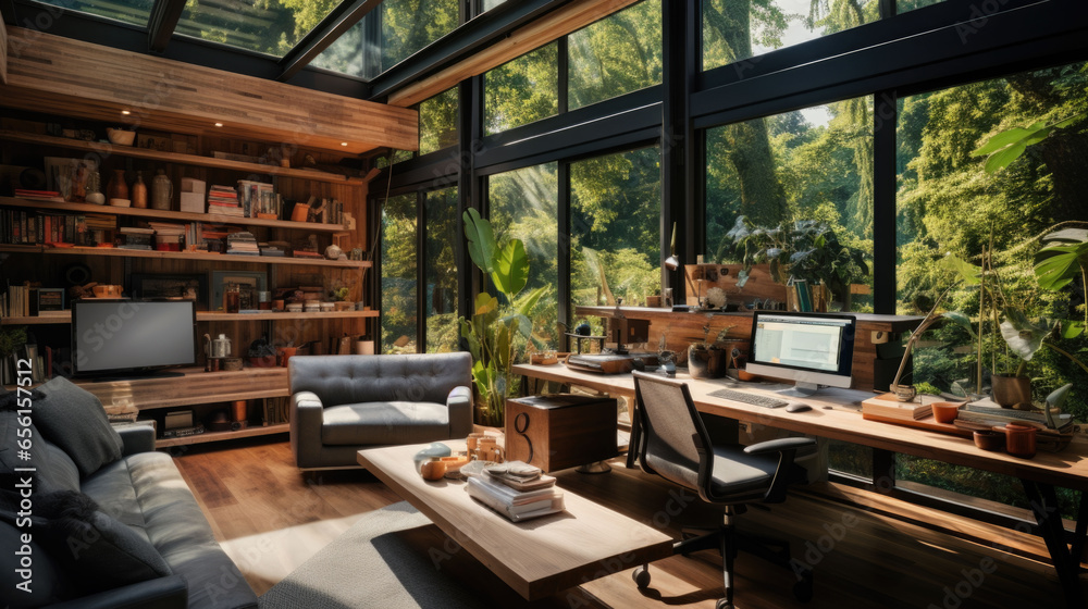 a modern large office with large windows and a computer Stock ...