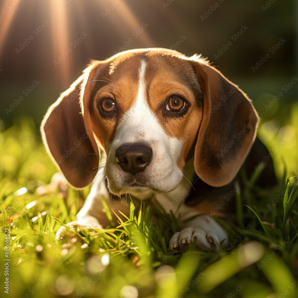 Beagle, photography, tricolor, floppy-eared, curious, in a grassy ...