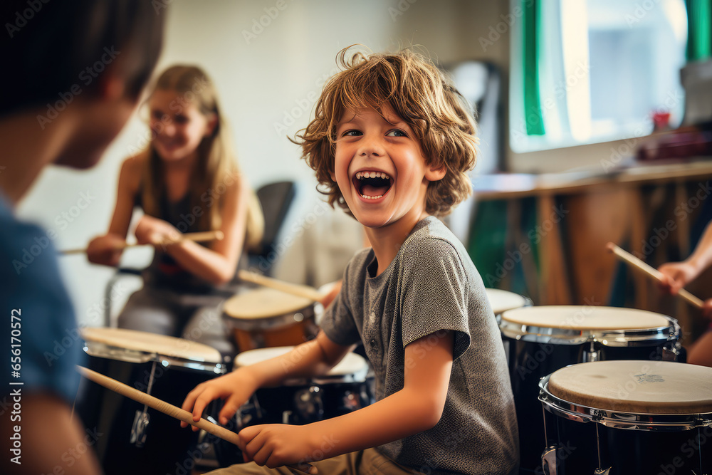 kids playing drums in a school Stock Photo | Adobe Stock