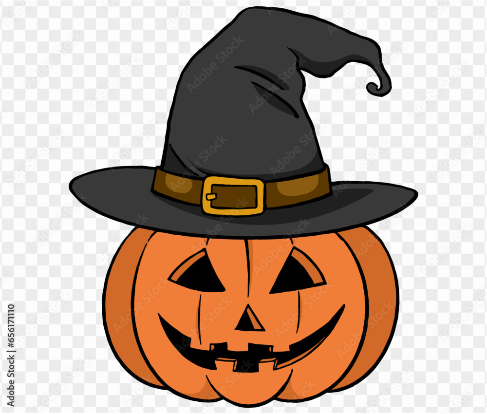 Smile pumpkin wears witches hat in hand drawing brush style, isolated ...