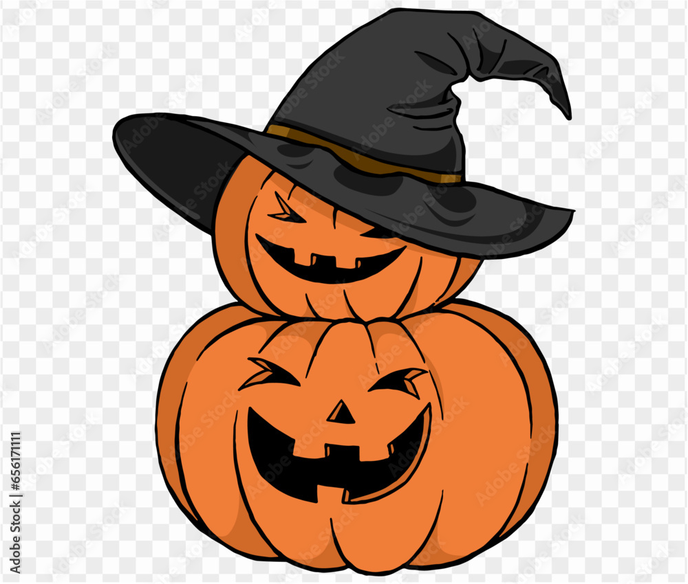 Smile pumpkins wear witches hat in hand drawing brush style, isolated ...