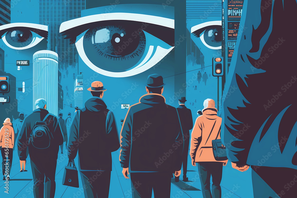 Dystopian Cityscape Surveillance with Omnipresent Eyes Watching People ...