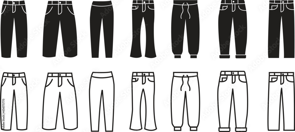 set of black flat pant icons. different style Joggers trousers or pants ...