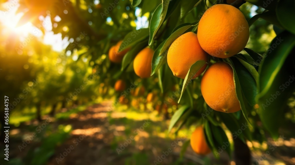 Sun-Dappled Orange Orchard with Trees Lush with Colorful Fruit Ready ...