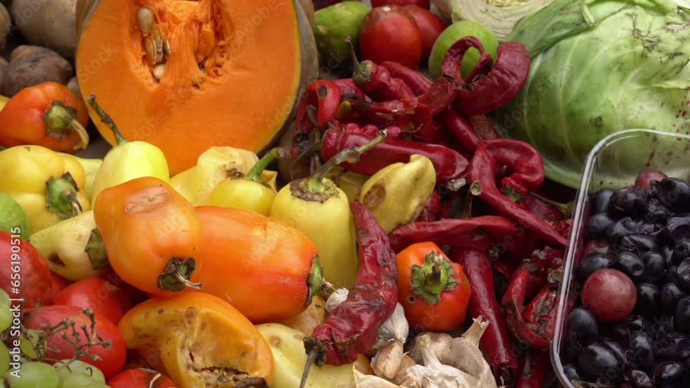 Food spoilage. Spoiled fruit, food loss and food waste. Agriculture ...