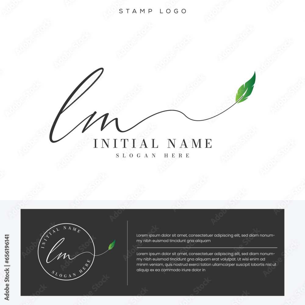 LM L M initial letter handwriting and signature logo and green leaf ...