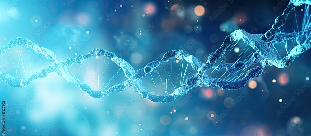 Vertical DNA created with blue molecules on a blue backdrop with a ...