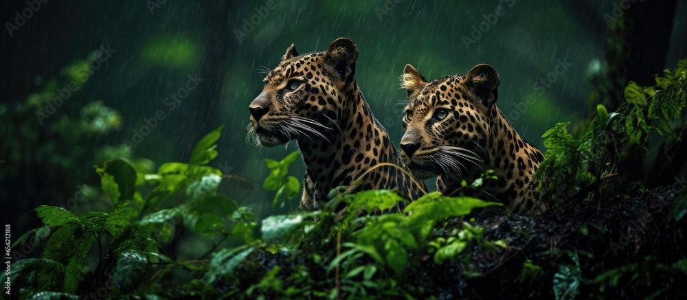 Male leopards in the Indian jungle during monsoon season Panthera ...