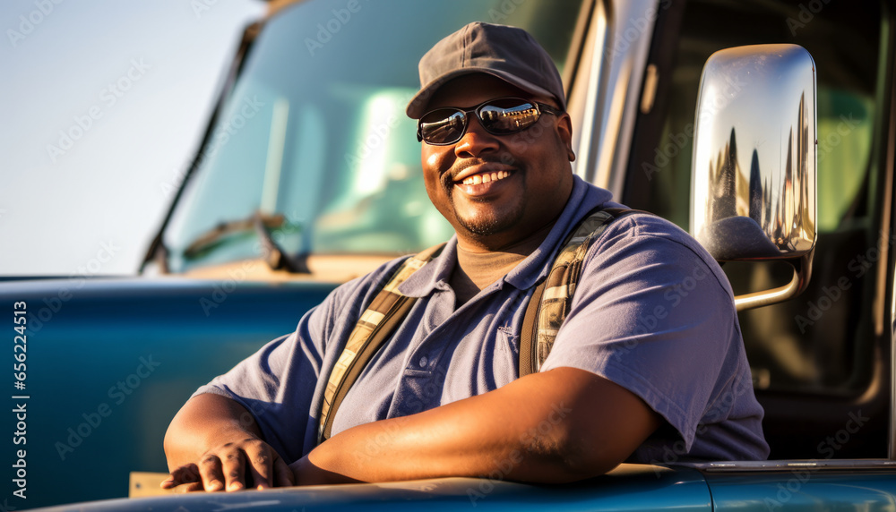 An overweight male truck driver is standing next to his truck, taking a ...