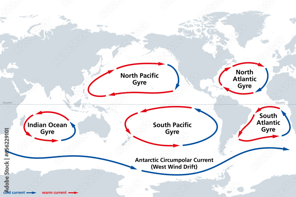 The major ocean gyres, world map. The most notable ocean gyres, flowing ...